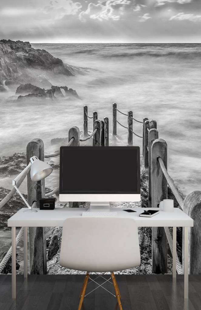 Behang met een houten brug naar mist - Fotobehang