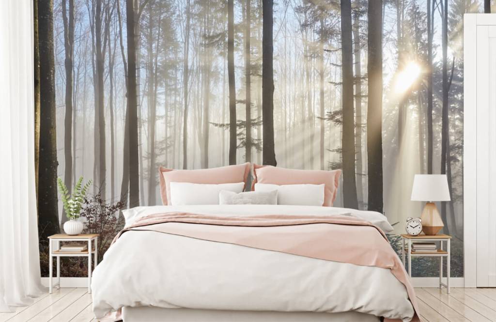 Behang met een mistig bos - Fotobehang