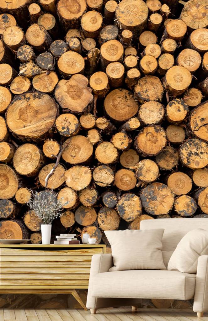 Behang met gestapeld hout - Fotobehang