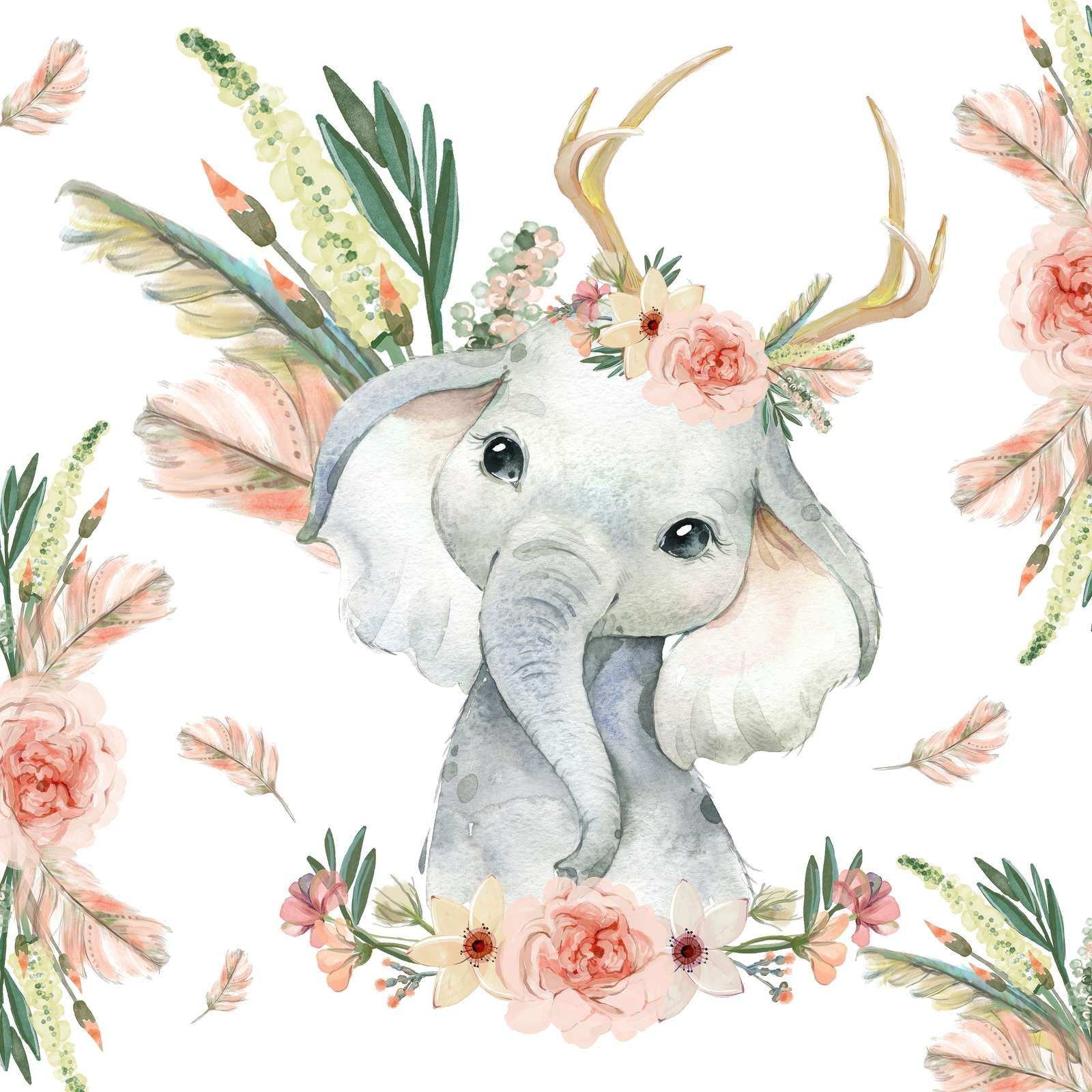 Baby olifant roze bloemen - Fotobehang