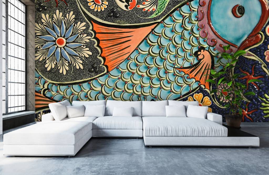 Mozaïek vis op fotobehang - Fotobehang