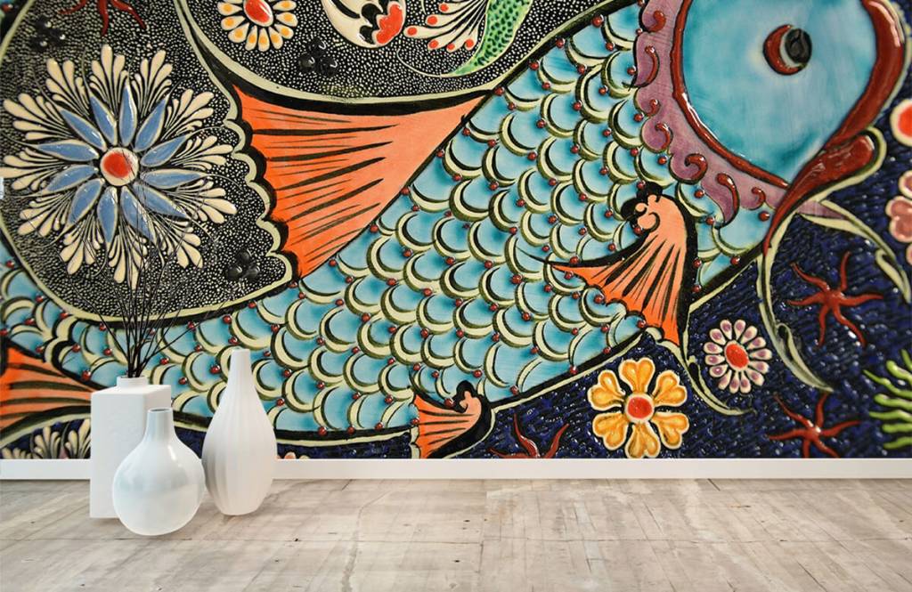 Mozaïek vis op fotobehang - Fotobehang