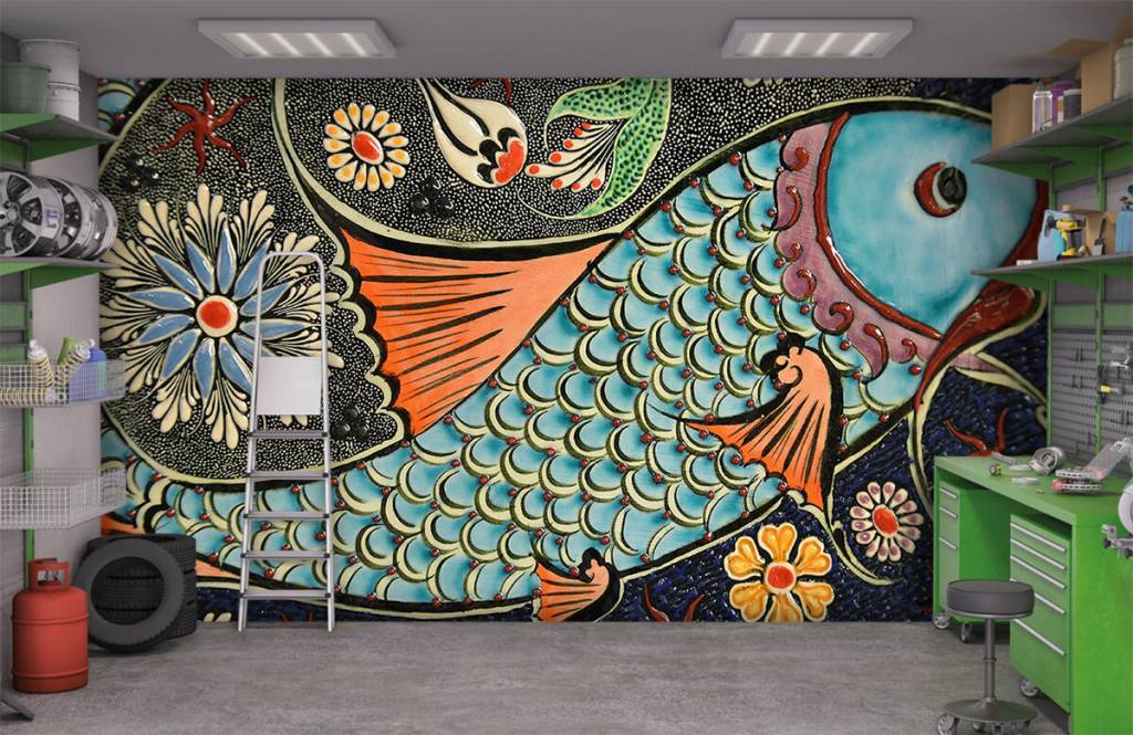 Mozaïek vis op fotobehang - Fotobehang