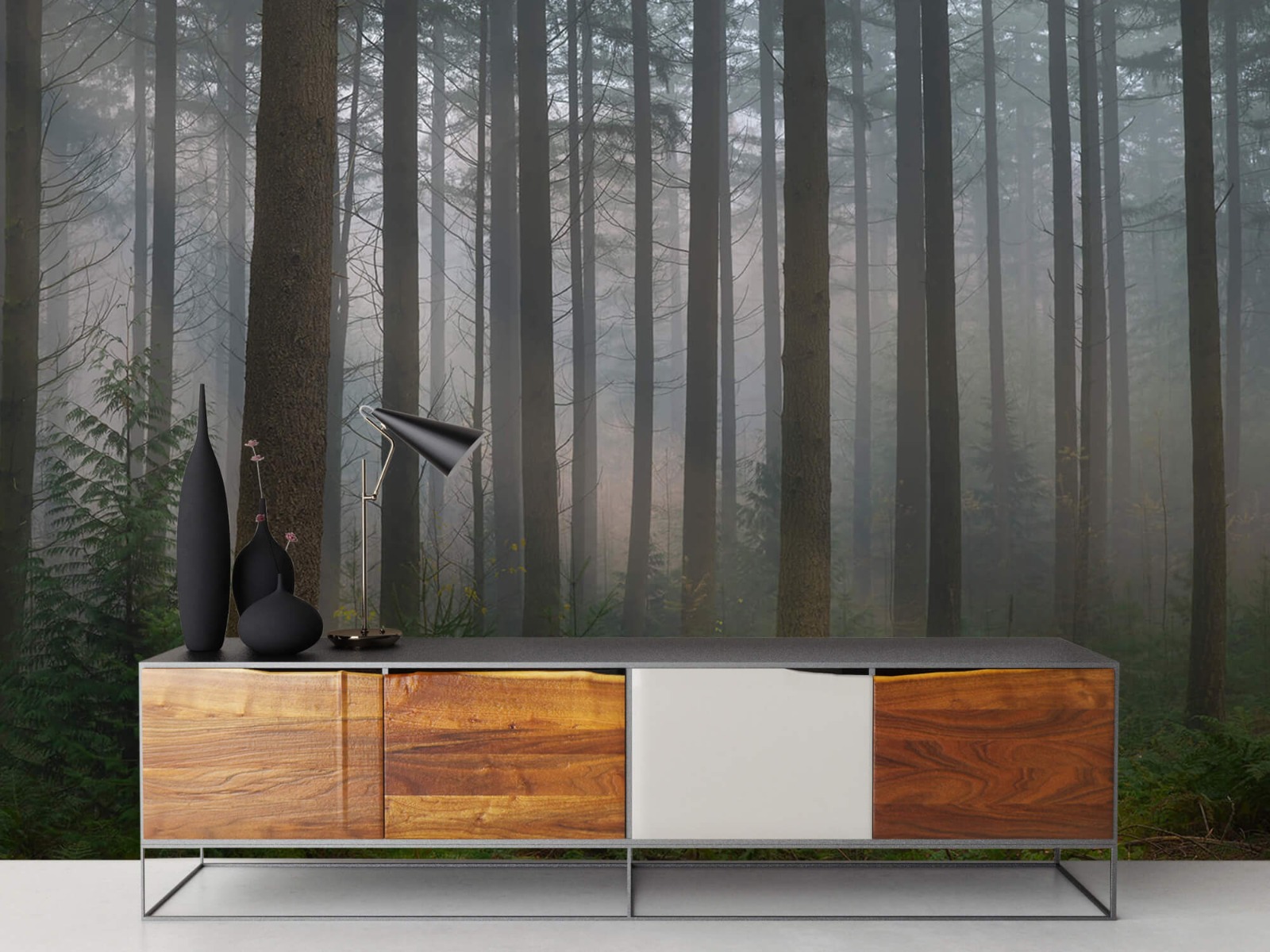 Mistig groen bos - Fotobehang