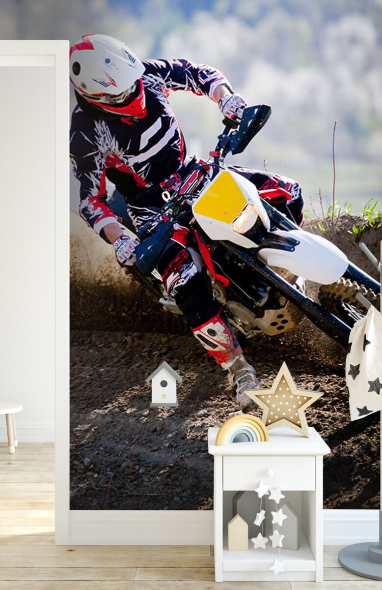 Crossmotor in de bocht - Fotobehang