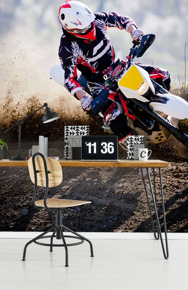 Crossmotor in de bocht - Fotobehang