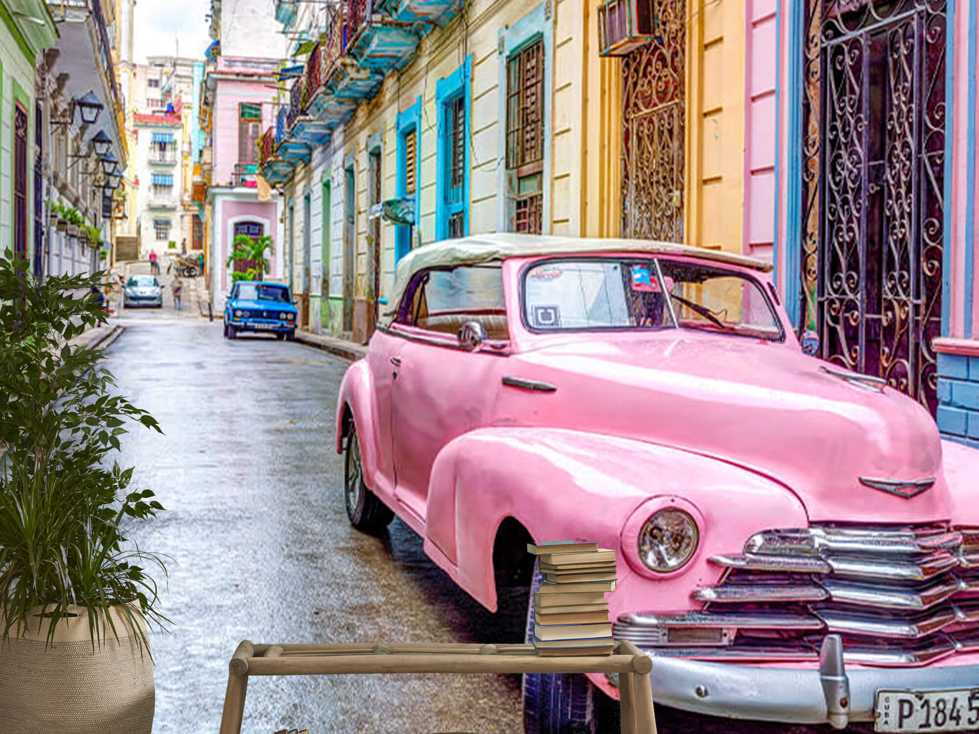 Roze vintage auto - Fotobehang
