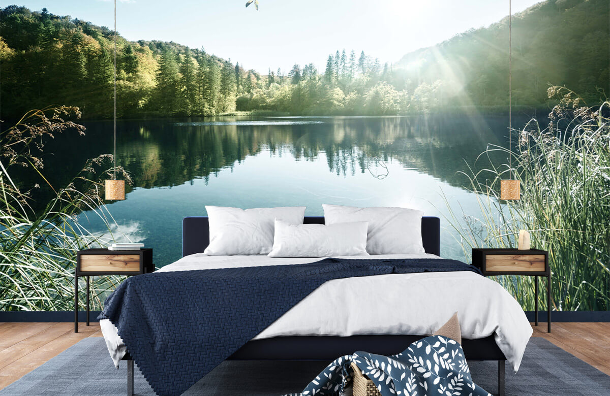 Meer in bos - Fotobehang